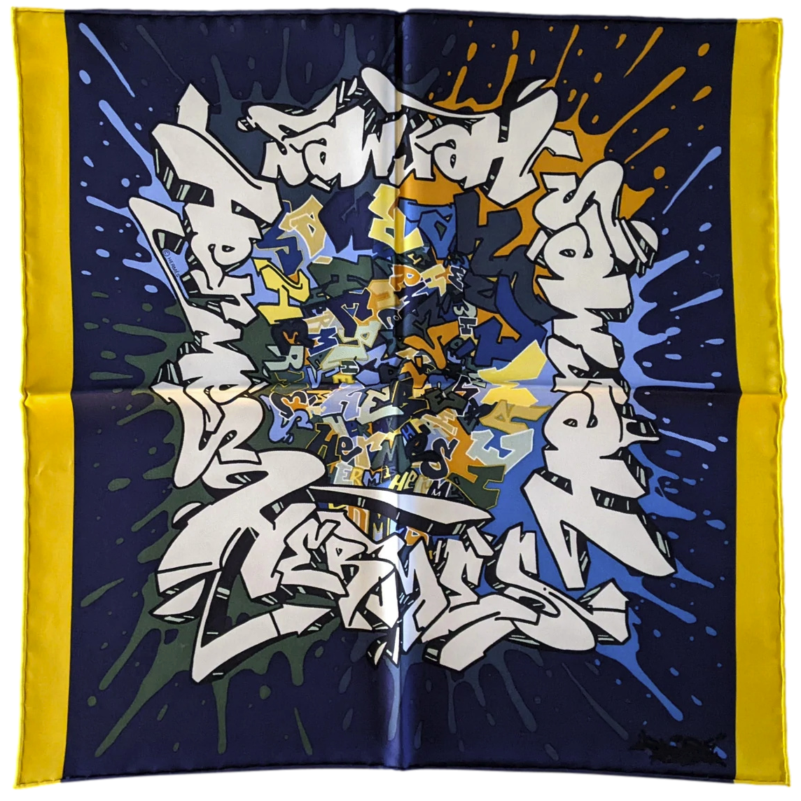 Hermes 2012 Marine/Safran/Blanc 'Graff' Twill Gavroche Pocket Scarf 45 ...